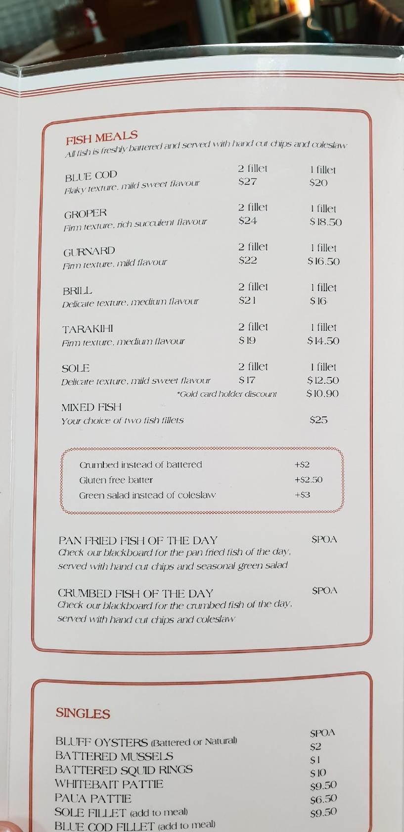 Menu at Best Cafe, Dunedin