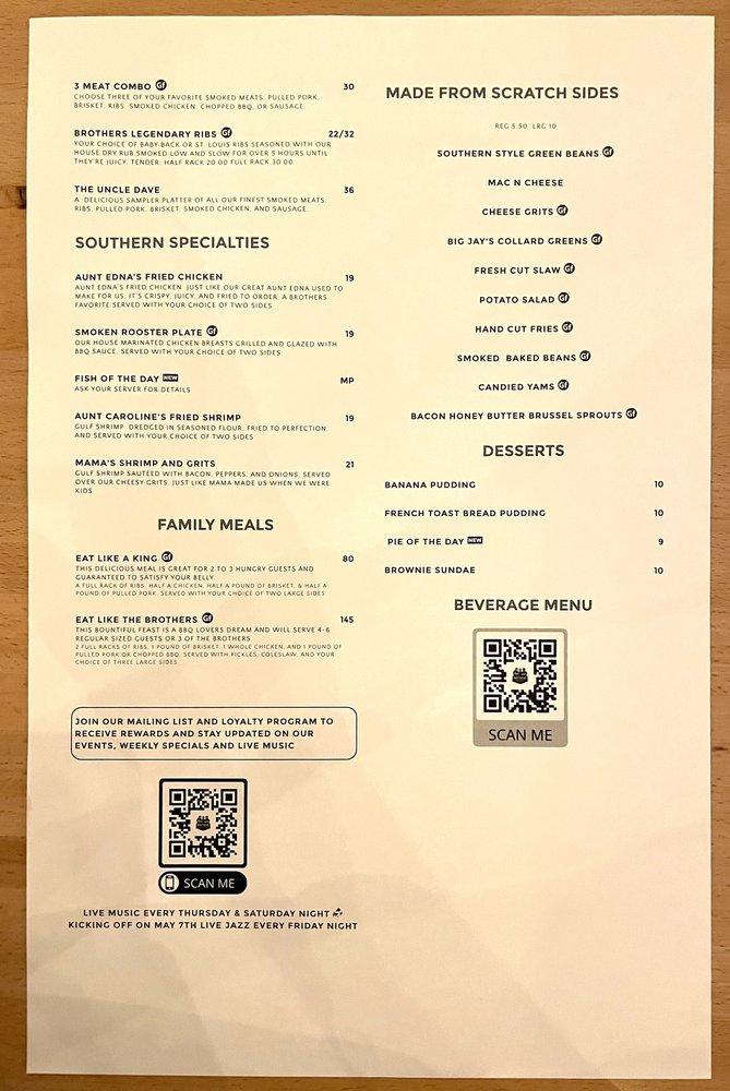 Menu at Brothers Smokehouse BBQ & Soul, Ramsey, 900 Route 17 N