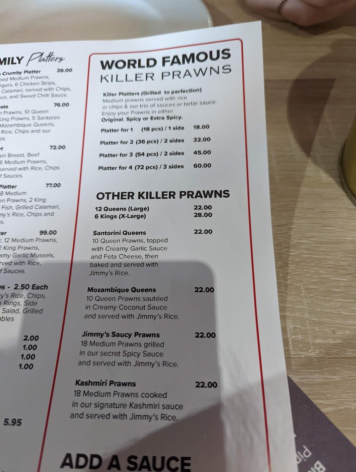 Menu at Jimmys Killer Prawns restaurant, Leicester