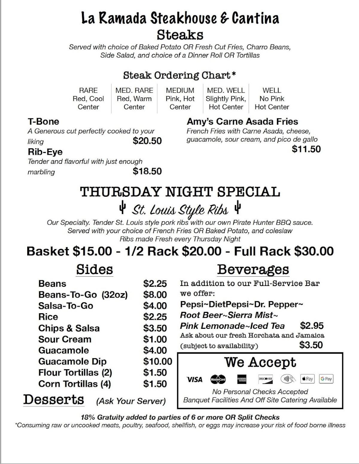 Menu at La Ramada Steakhouse & Cantina, Bisbee, S Naco Hwy