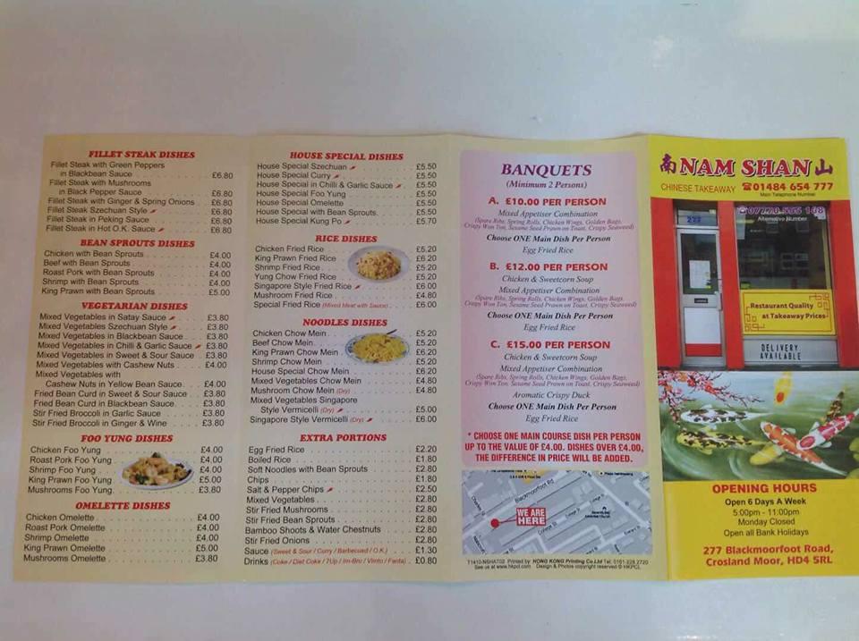 Menu at Nam Shan restaurant, Huddersfield, 277 Blackmoorfoot Rd