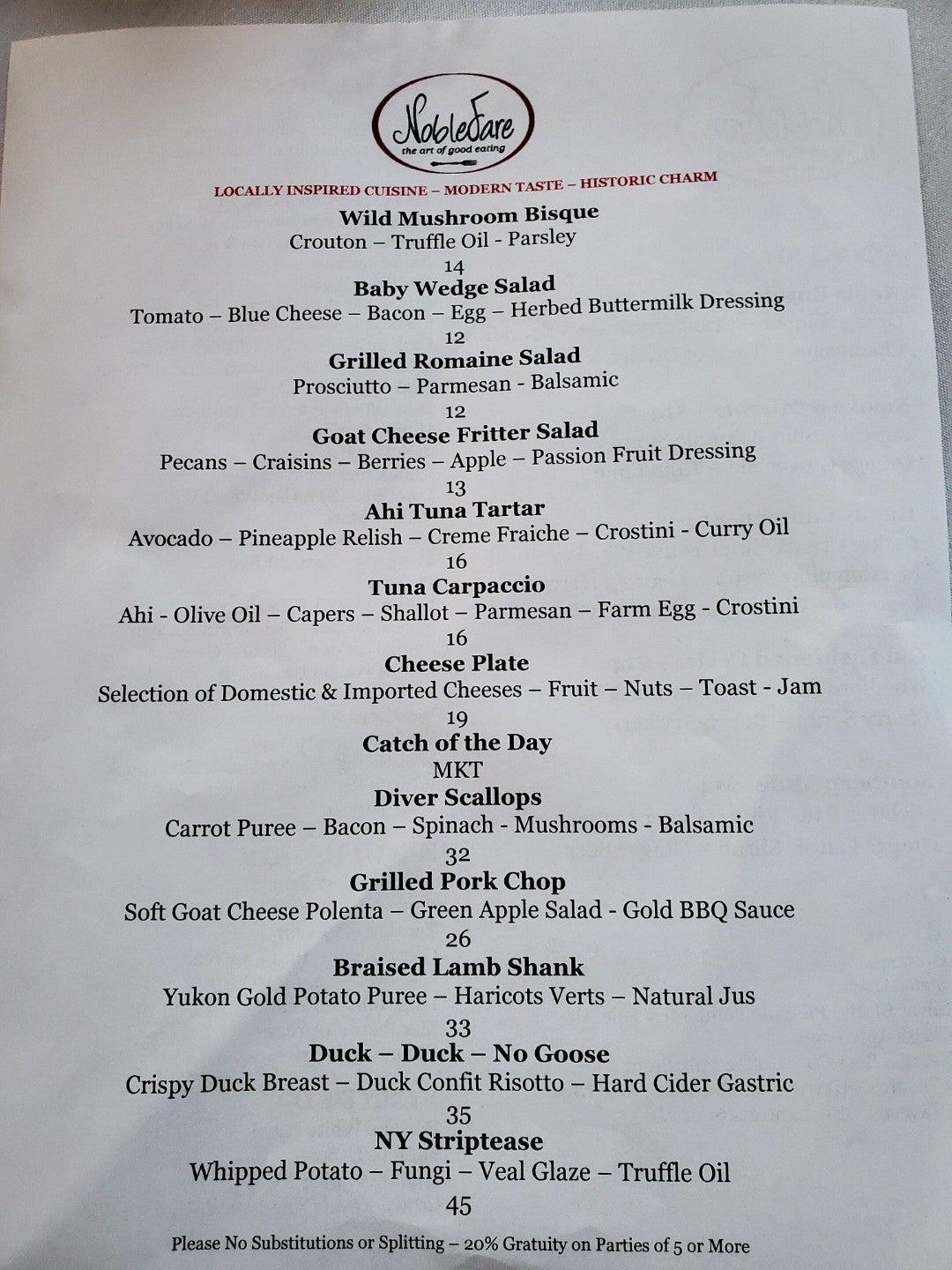 Menu at Noble Fare pub & bar, Savannah