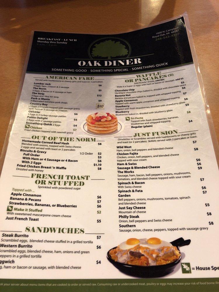 Menu at Oak Diner restaurant, Royal Oak