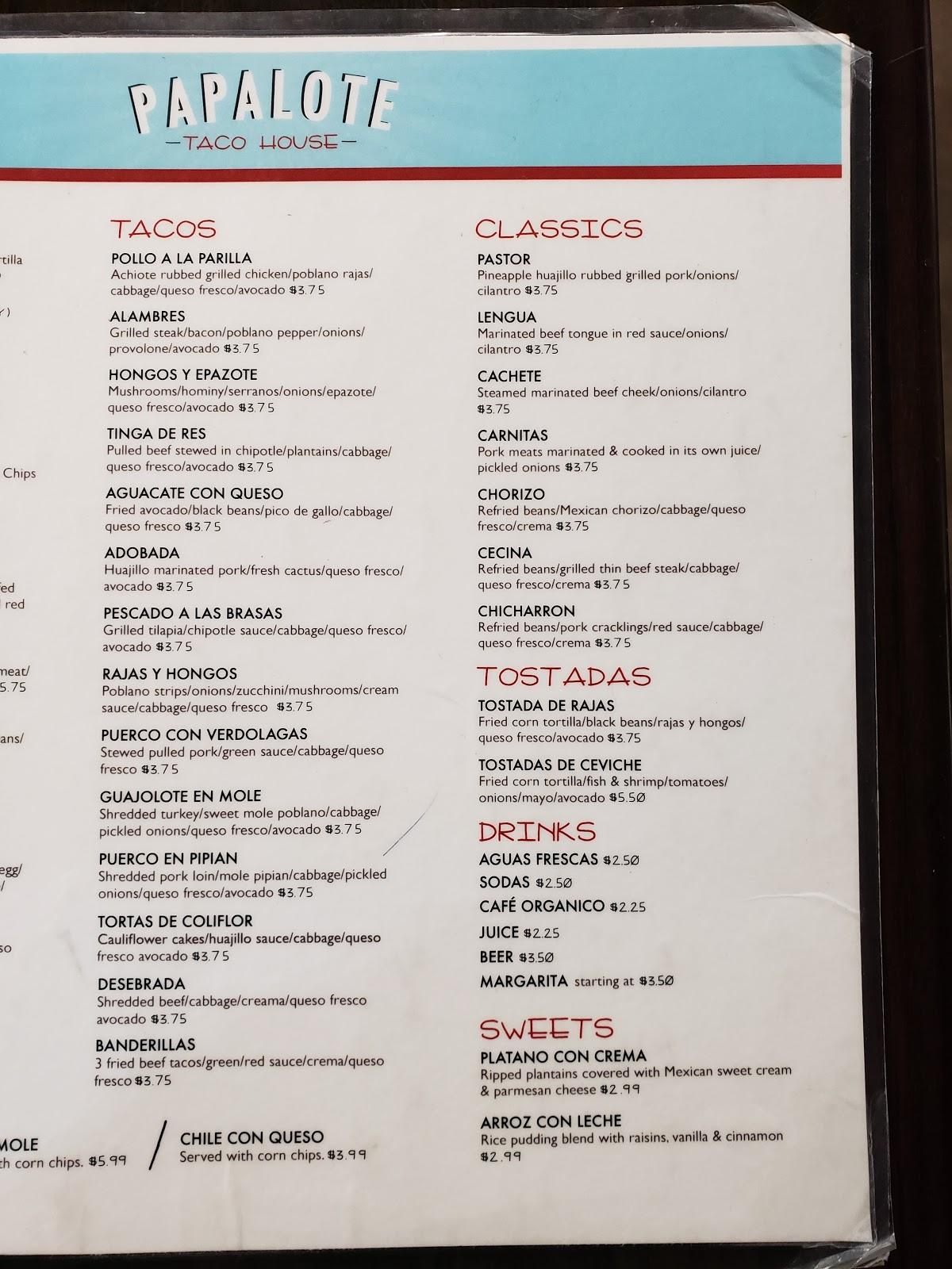 Carta del restaurante Papalote Taco House, Austin, S Lamar Blvd