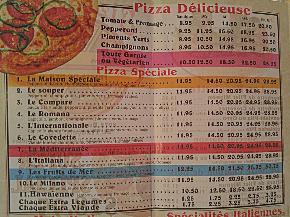 Menu at Pizzarata pizzeria, Laval