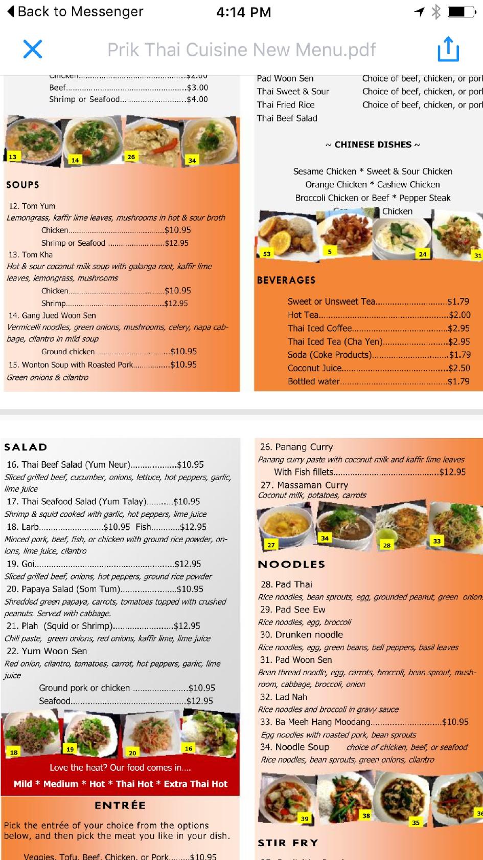 Menu at Prik Thai Cuisine restaurant, Fayetteville