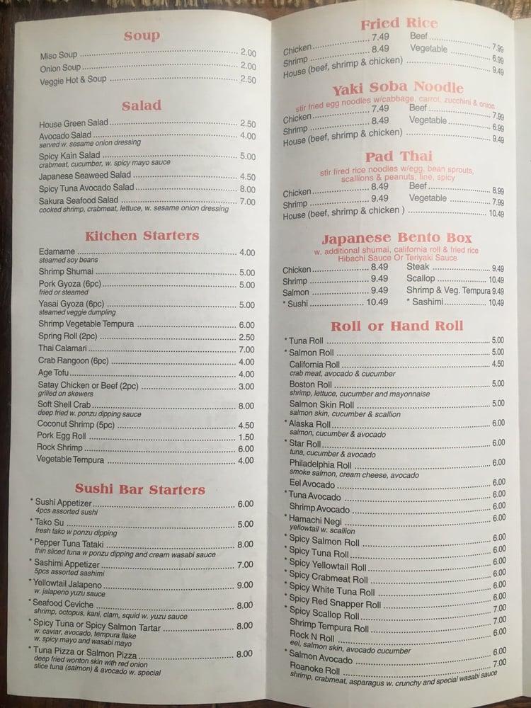 Menu at Sakura #9 restaurant, Roanoke
