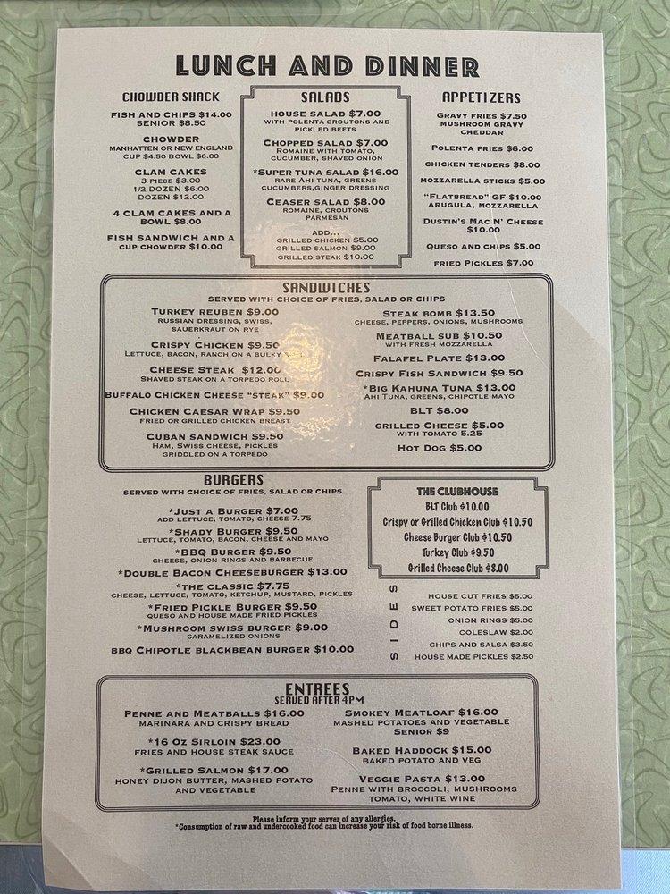 Menu at Shady Acres Diner restaurant, Foster
