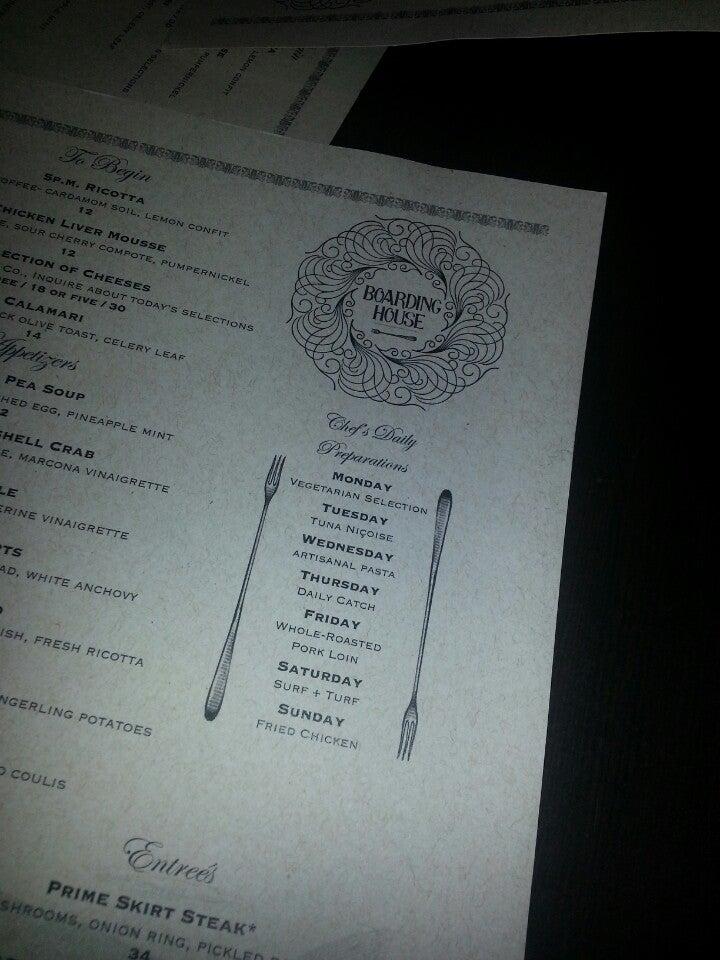 Menu at The Boarding House restaurant, Nantucket