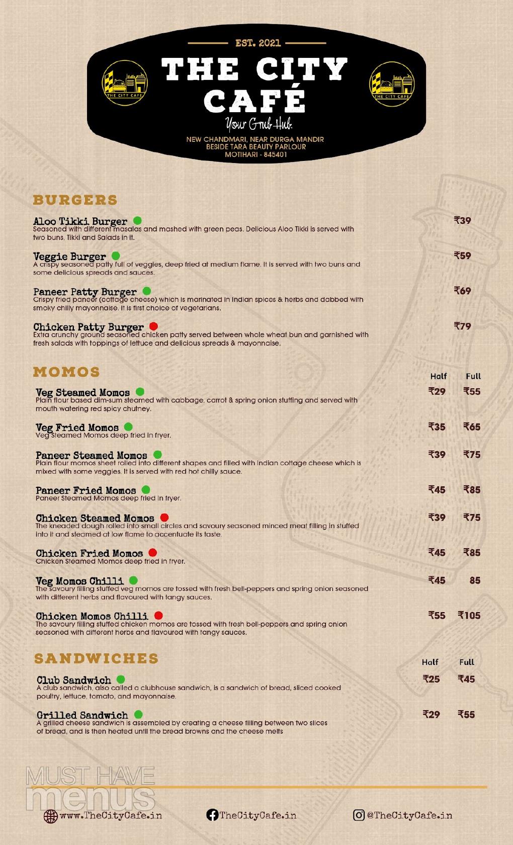 Menu at The City Cafe, Motihari