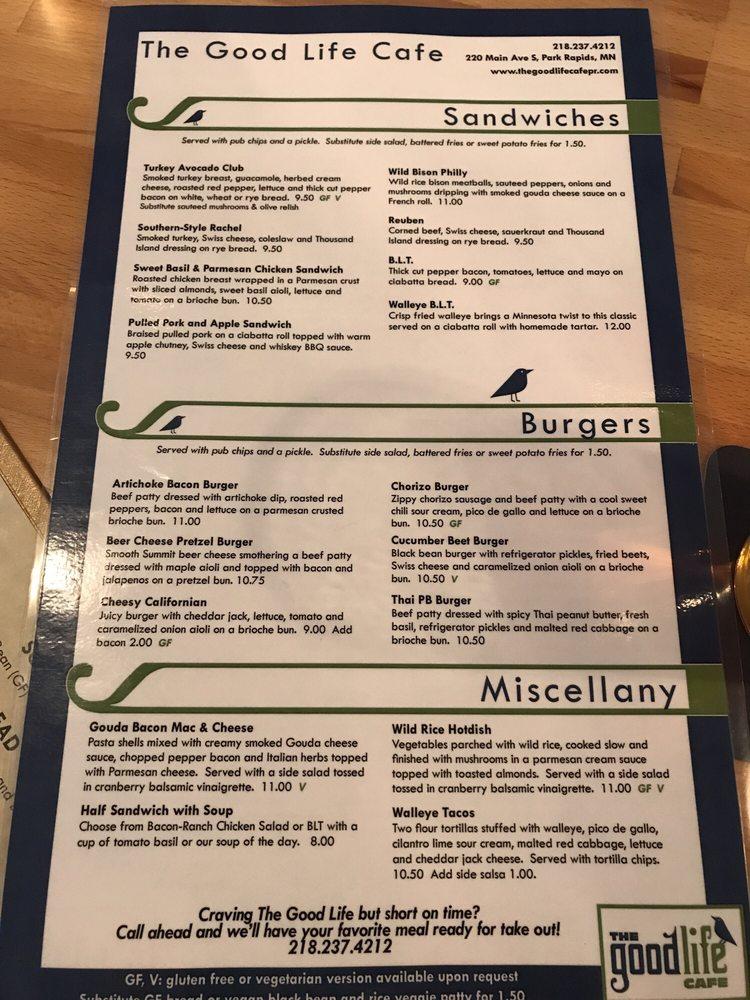 Menu at The Good Life Cafe, Park Rapids