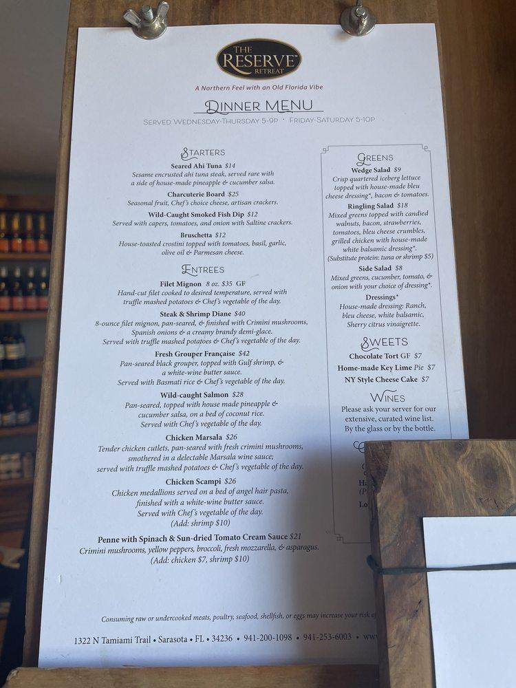 Menu at The Reserve Retreat restaurant, Sarasota