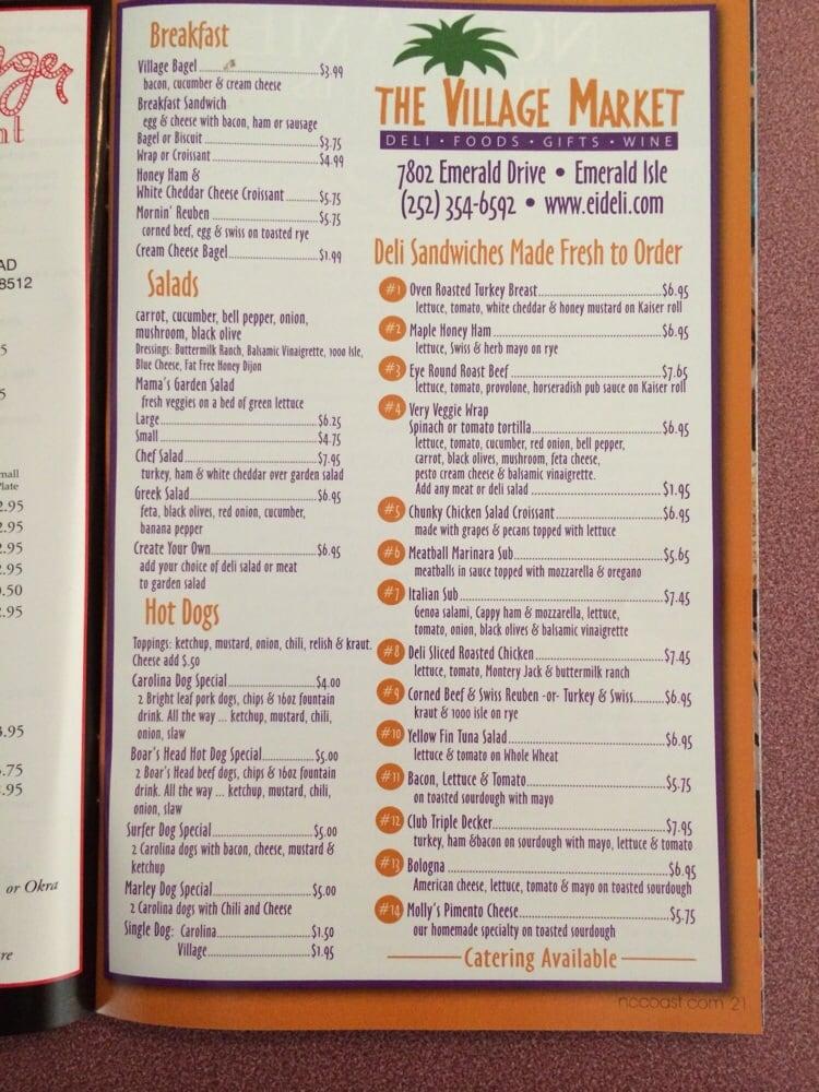 Menu at The Village Market cafe, Emerald Isle