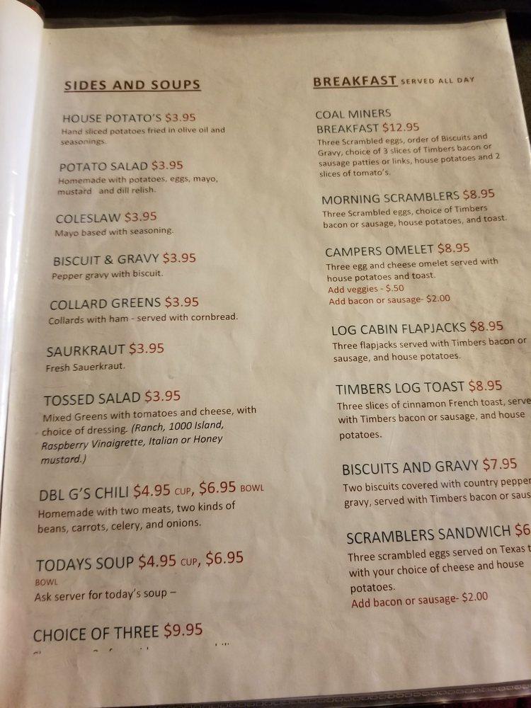 Menu at Timbers Log Cabin Restaurant, Gatlinburg, 600 Glades Rd #10
