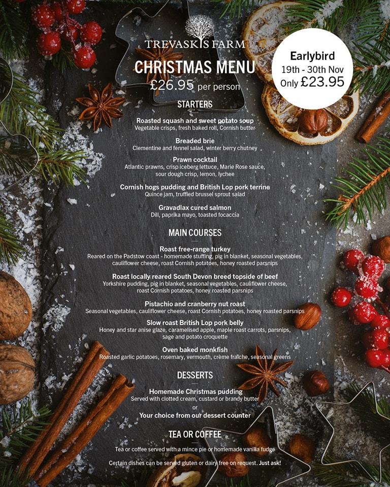 Menu at Trevaskis Farm restaurant, Gwinear-Gwithian