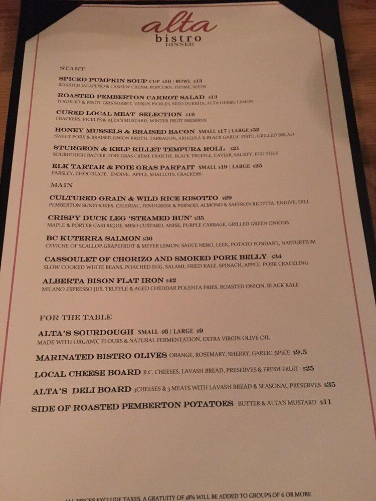 Menu at Alta Bistro pub & bar, Whistler