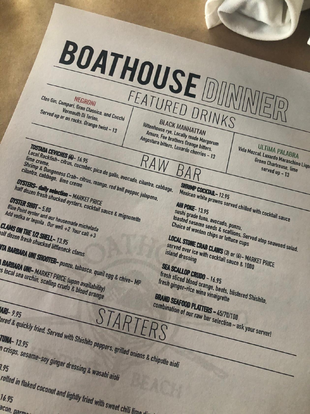Menu at Boathouse at Hendry's Beach restaurant, Santa Barbara
