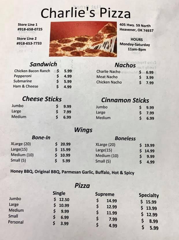 Menu at Charlie’s Pizza and More restaurant, Heavener
