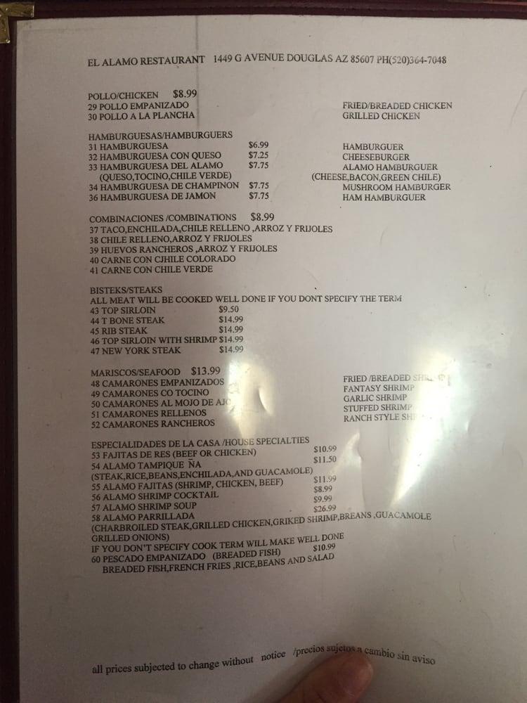 Menu at El Alamo Restaurant, Douglas