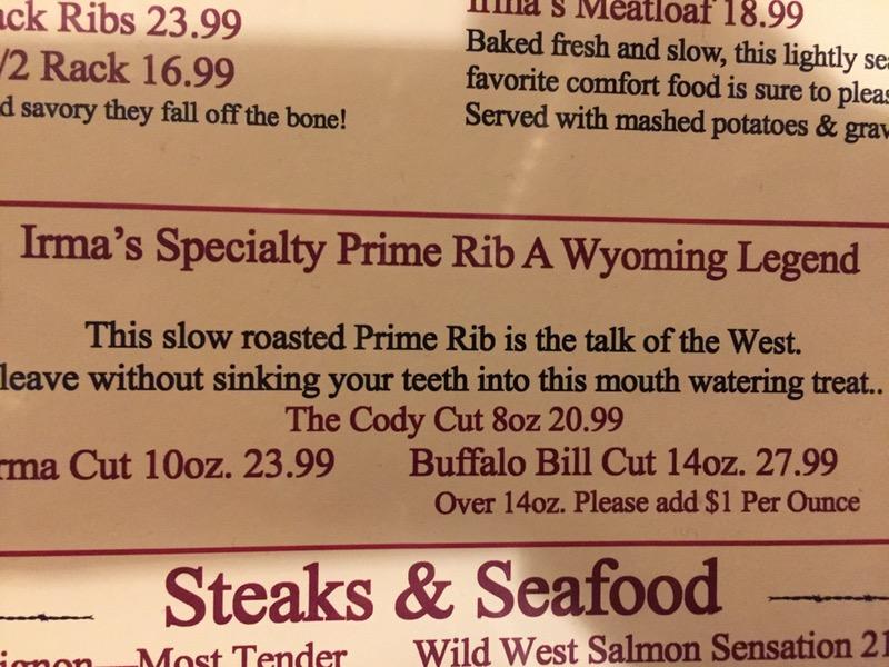 Menu at Irma Restaurant Grill, Cody