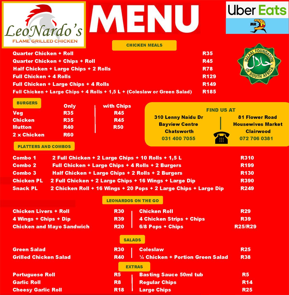Menu at LeoNardos Chatsworth restaurant, Durban