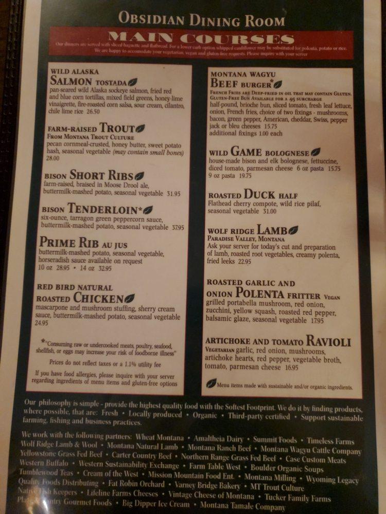 Menu at Old Faithful Snow Lodge Obsidian Dining Room restaurant, USA, 2 ...