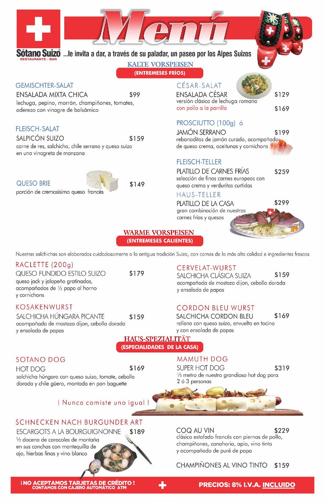 Carta del pub y bar Sótano Suizo, Tijuana