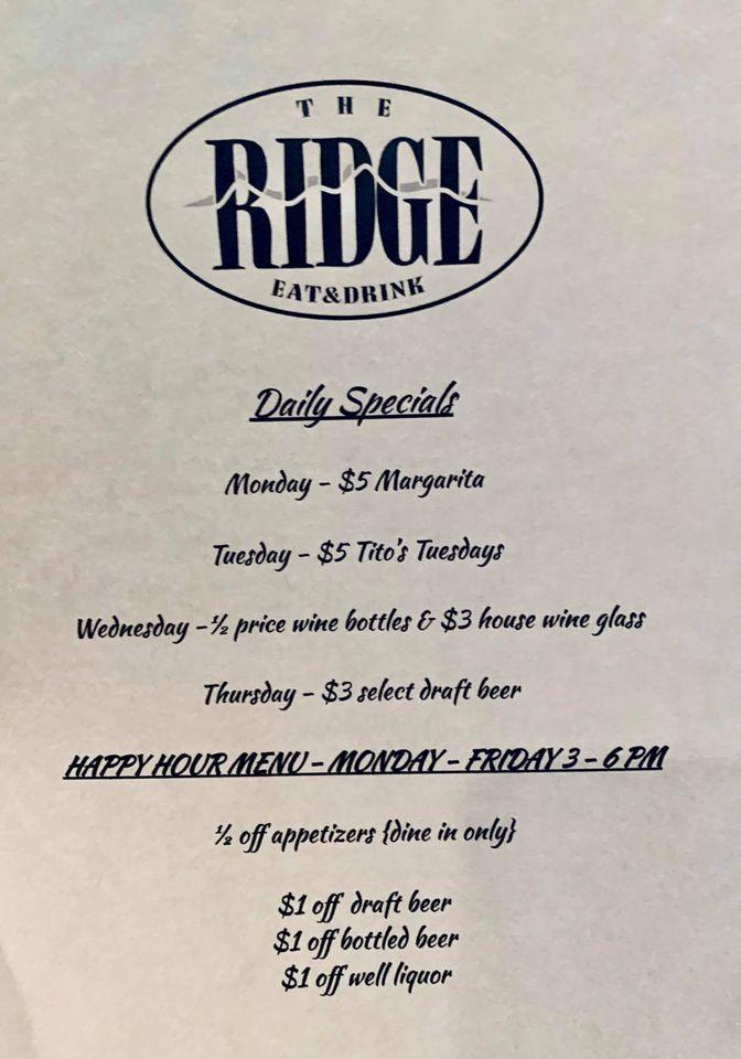 Menu at The Ridge Eat & Drink restaurant, Vestavia Hills