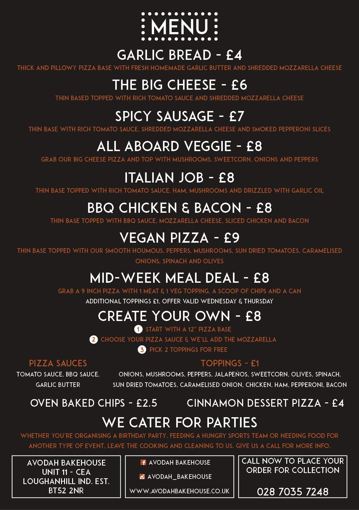 Menu at Avodah Bakehouse pizzeria, Coleraine, Unit 11