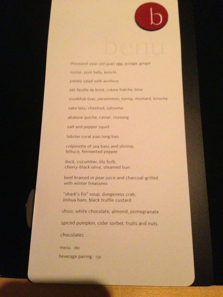 Menu at Benu pub & bar, San Francisco
