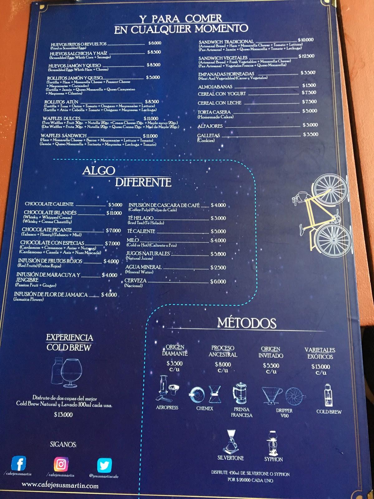 Menu at Café Jesús Martín, Salento