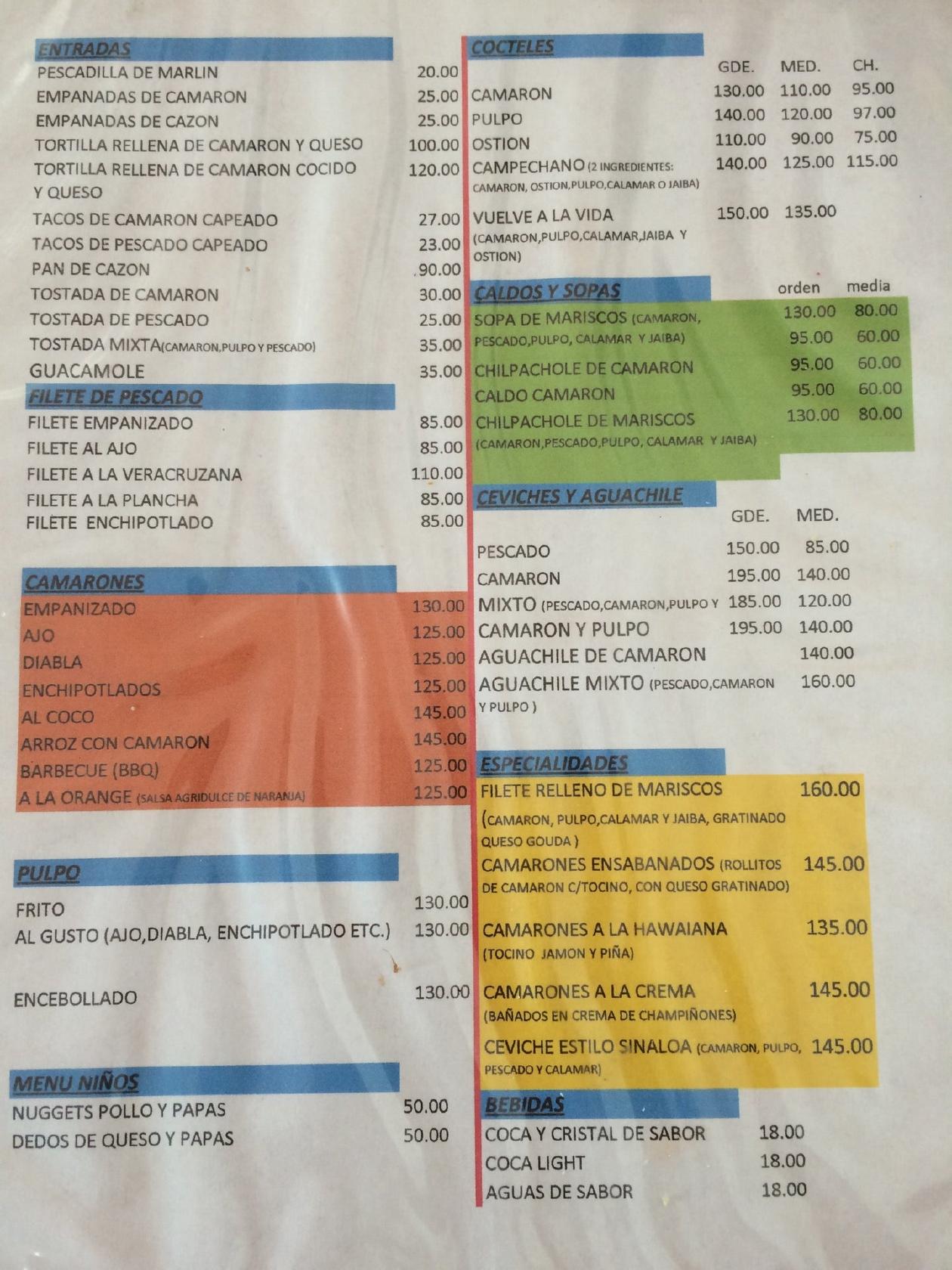 Carta del restaurante El Costeño, Merida, Calle 74 490