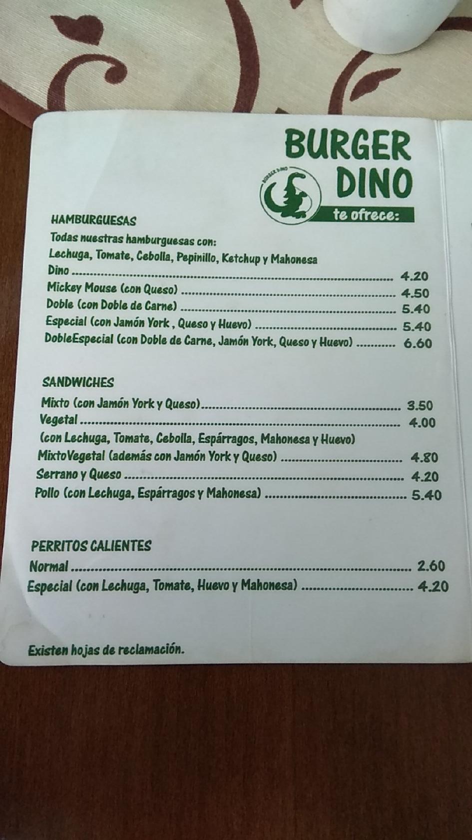 Carta de Restaurante Dino Burger, Cáceres