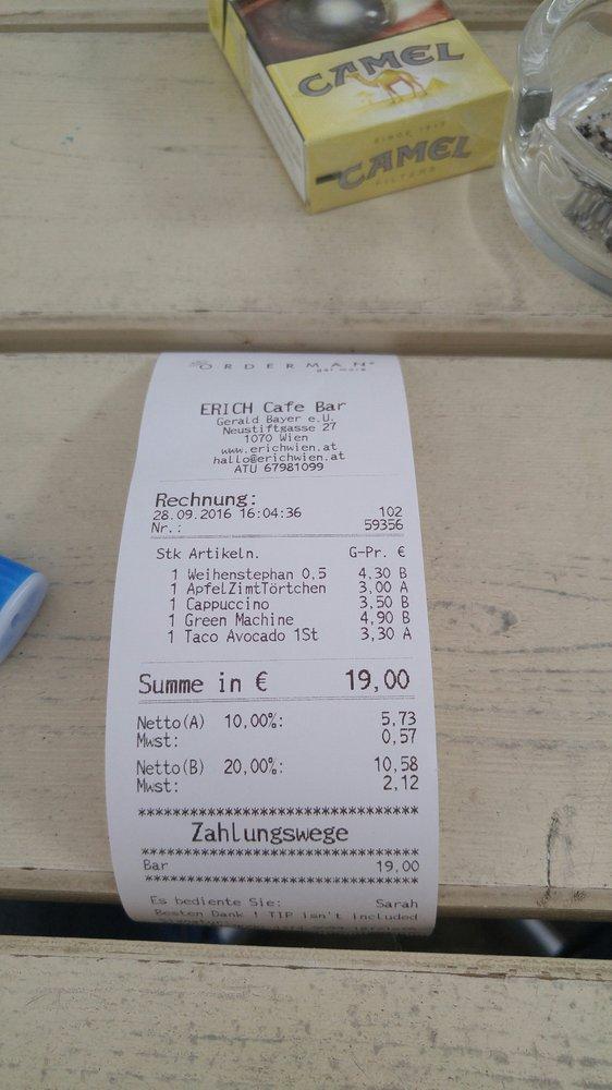 Menu at ERICH pub & bar, Vienna, Neustiftgasse 27