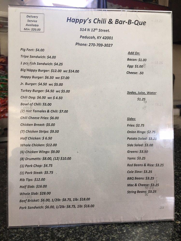 Menu at Happy's Chili Parlor BBQ, Paducah