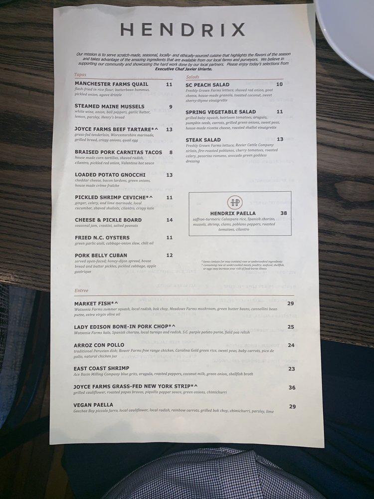 Menu at Hendrix Restaurant, Columbia