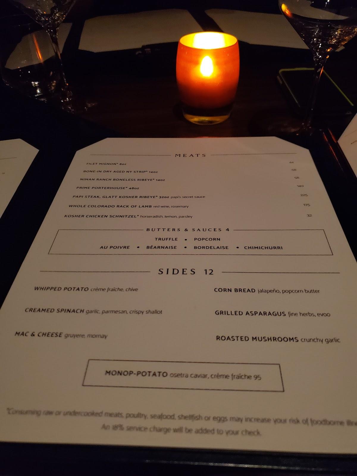 Menu at Papi Steak Miami steakhouse, Miami Beach