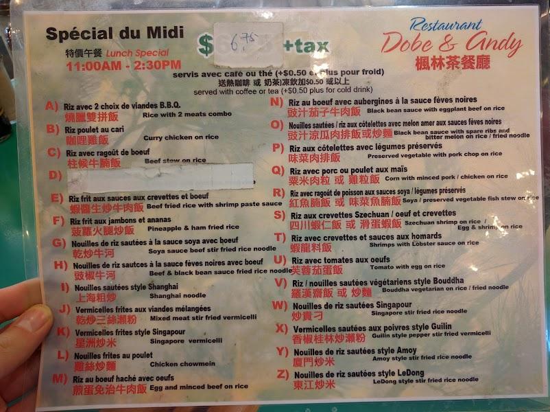 Menu at Restaurant Dobe & Andy, Montréal