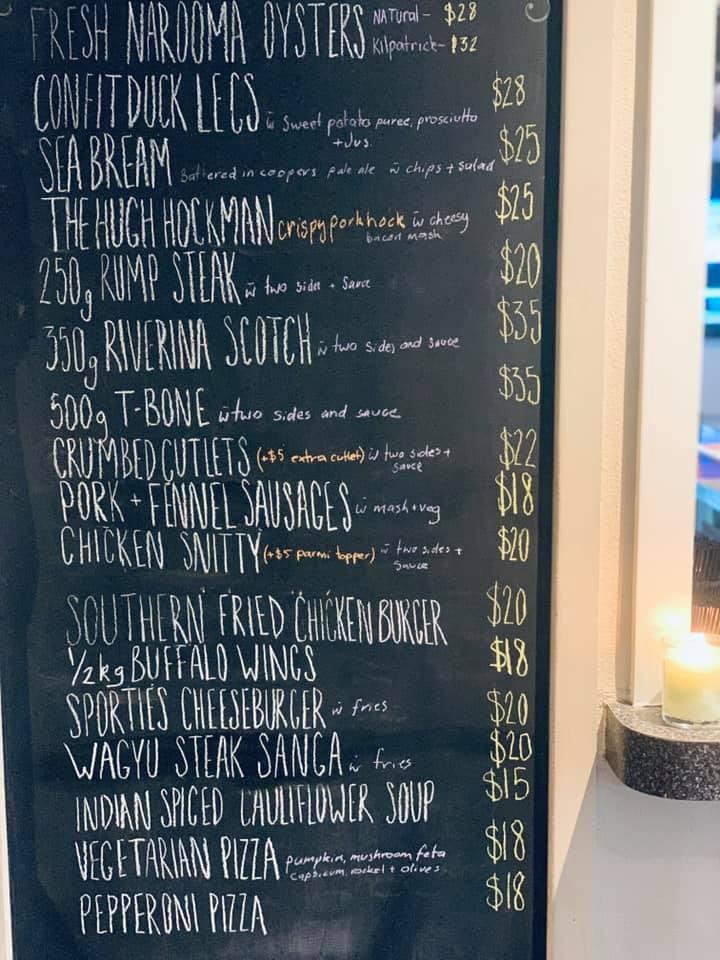 Menu at Sportsmen's Club Hotel, Wagga Wagga