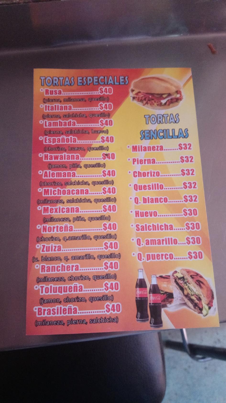 Carta del restaurante Tortas Especiales, Nezahualcóyotl