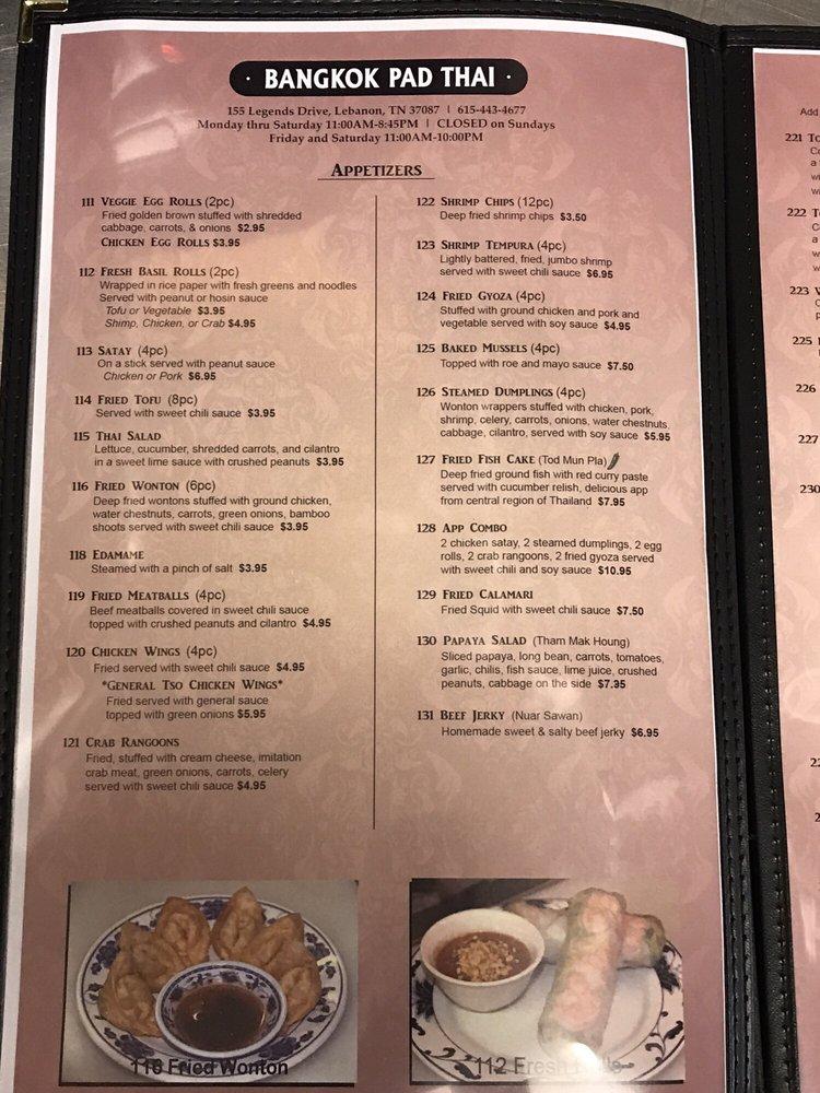 Menu at Bangkok Pad Thai restaurant, Lebanon, 155 Legends Dr