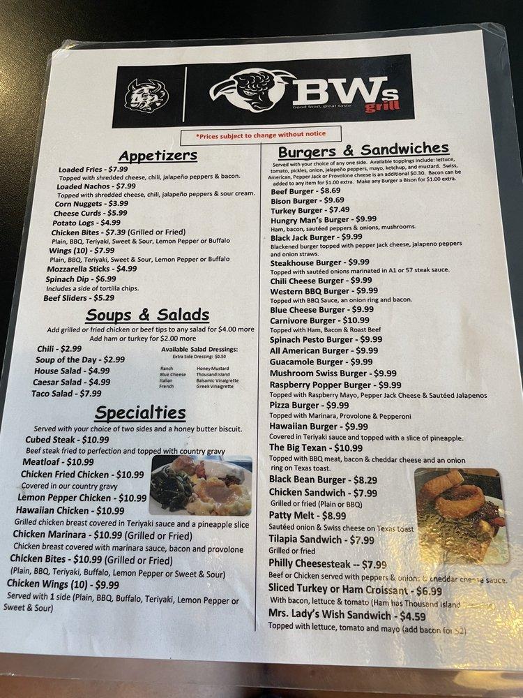 Menu at BW's Grill restaurant, Crawfordville