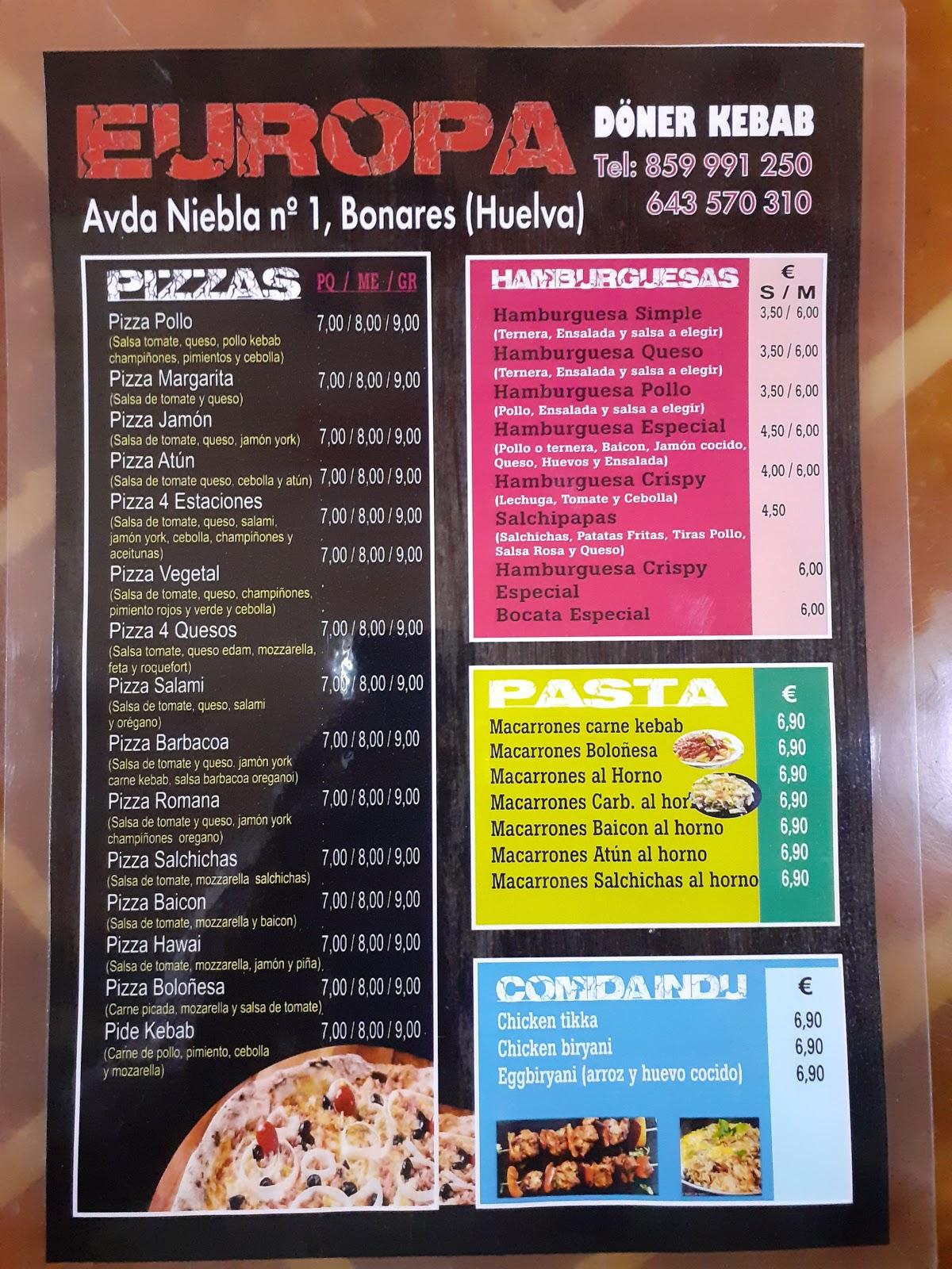 Menu at EUROPA DONER KEBAB restaurant, Bonares