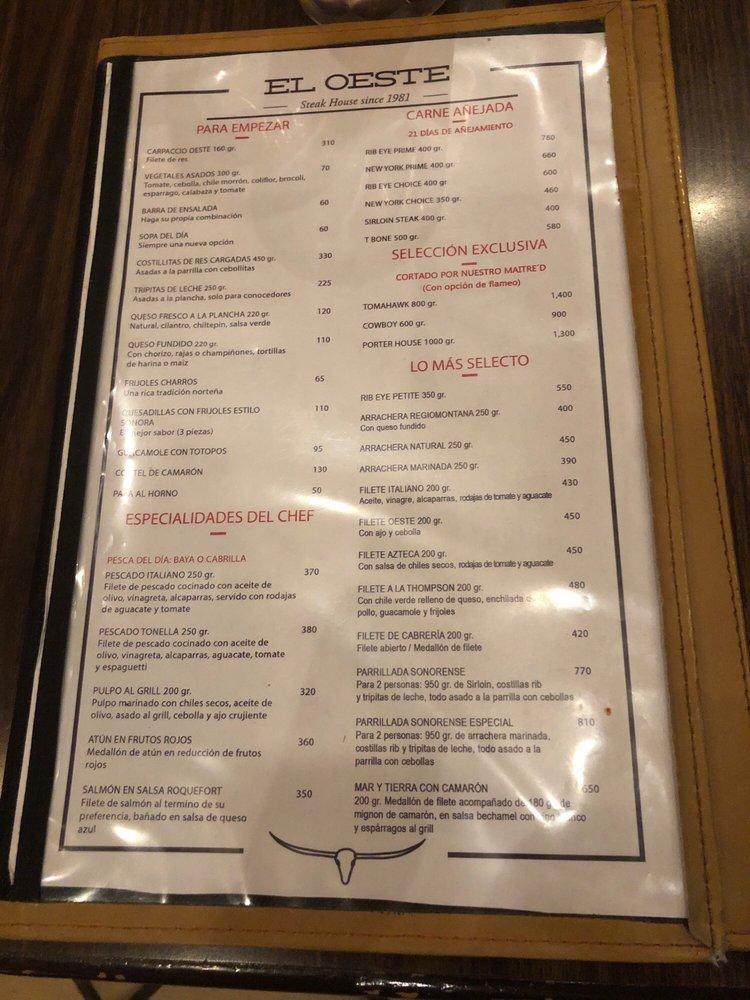 Carta de parrilla El Oeste, Heroica Guaymas, Blvd García López Armida Hotel