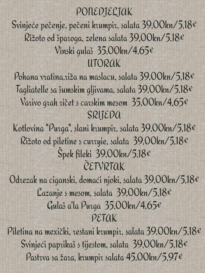 Menu at Restoran i zagorske hiže "Purga" restaurant, Zlatar Bistrica