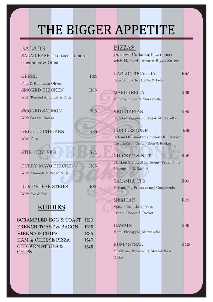 Menu au Cobblestone Bistro & Bakery, Port Elizabeth, 40 6th Ave
