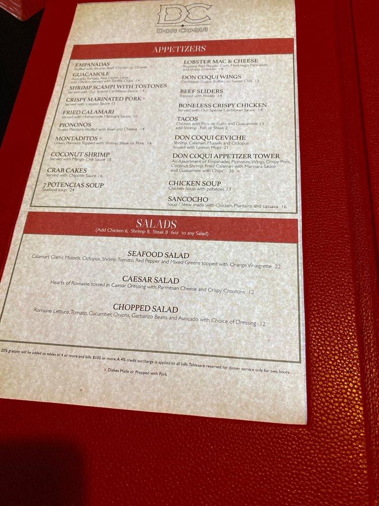 Menu at Don Coqui restaurant, White Plains