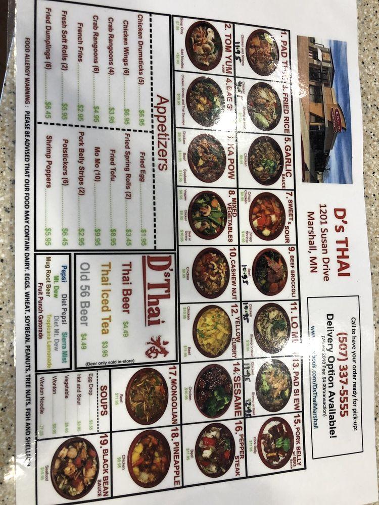 Menu at D's Thai restaurant, Marshall