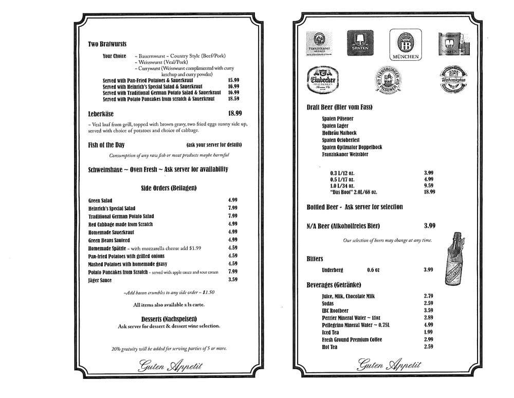 Menu at Heinrich's German Grill pub & bar, Sarasota