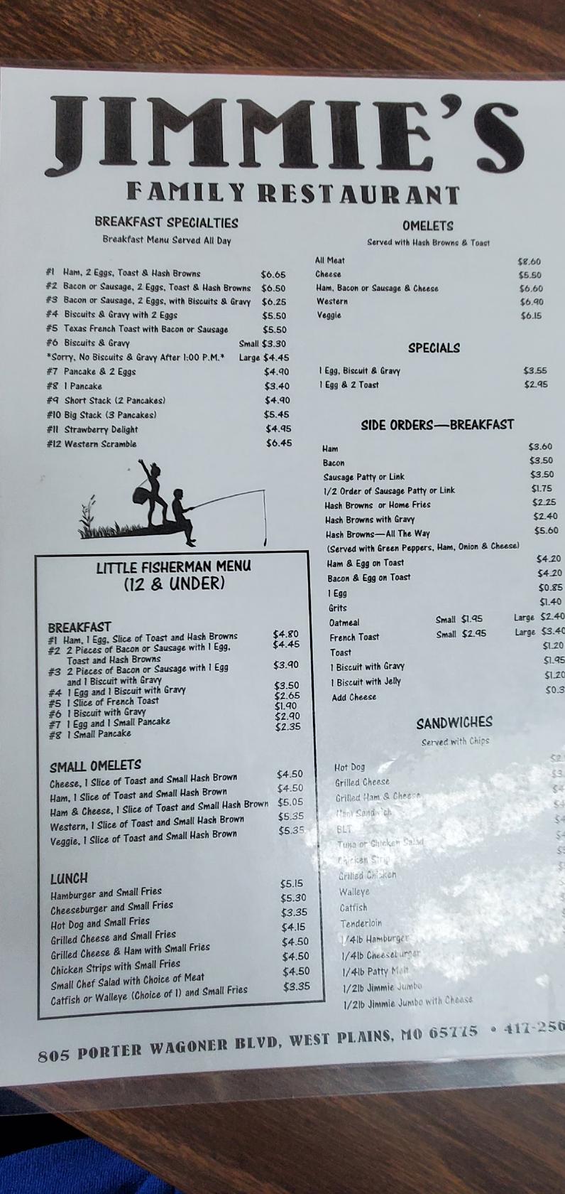Menu at Jimmies Walleye & Catfish restaurant, West Plains